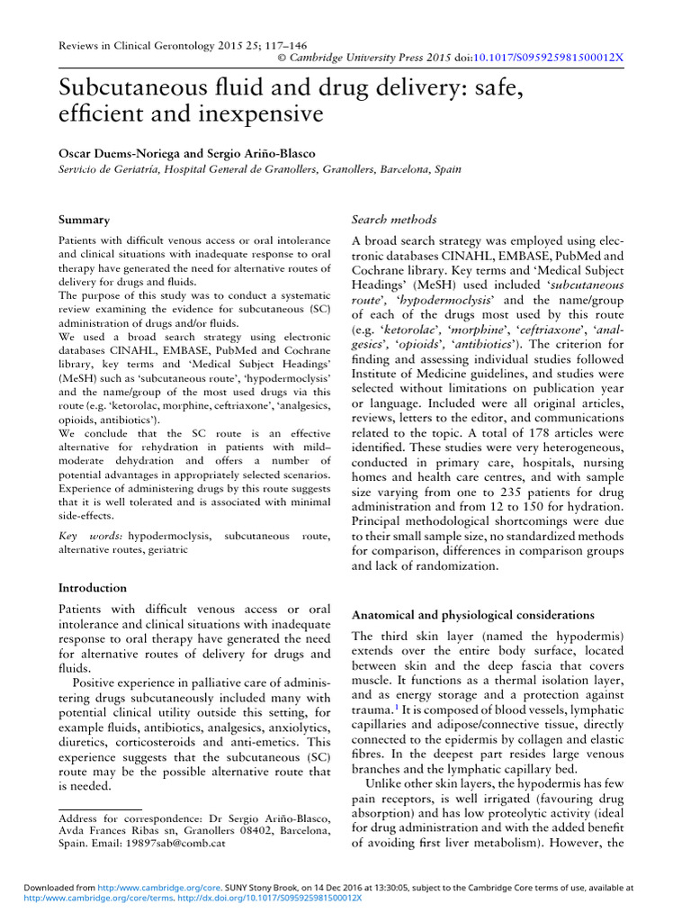 Subcutaneous fluid and drug delivery safe efficient and inexpensive ...