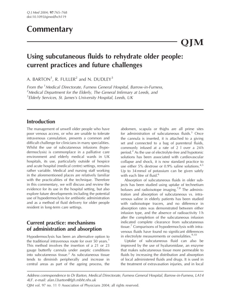 Using Subcutaneous Fluids To Rehydrate Older People Current Practices ...