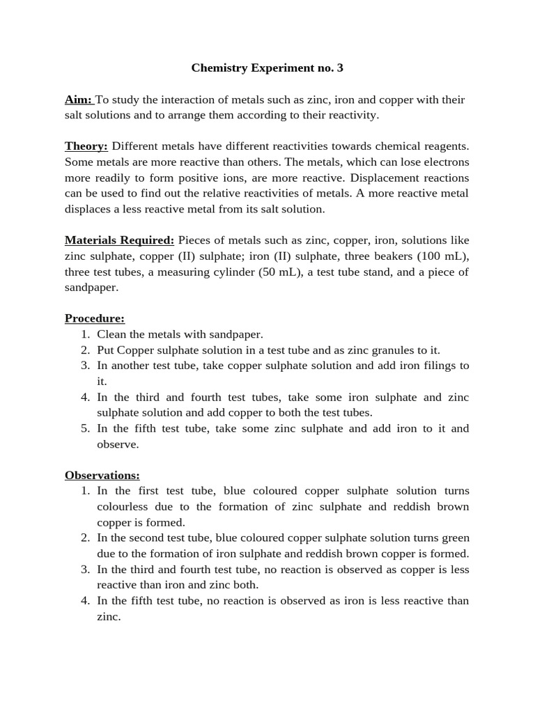 Metal Reactivity Experiment Guide | PDF