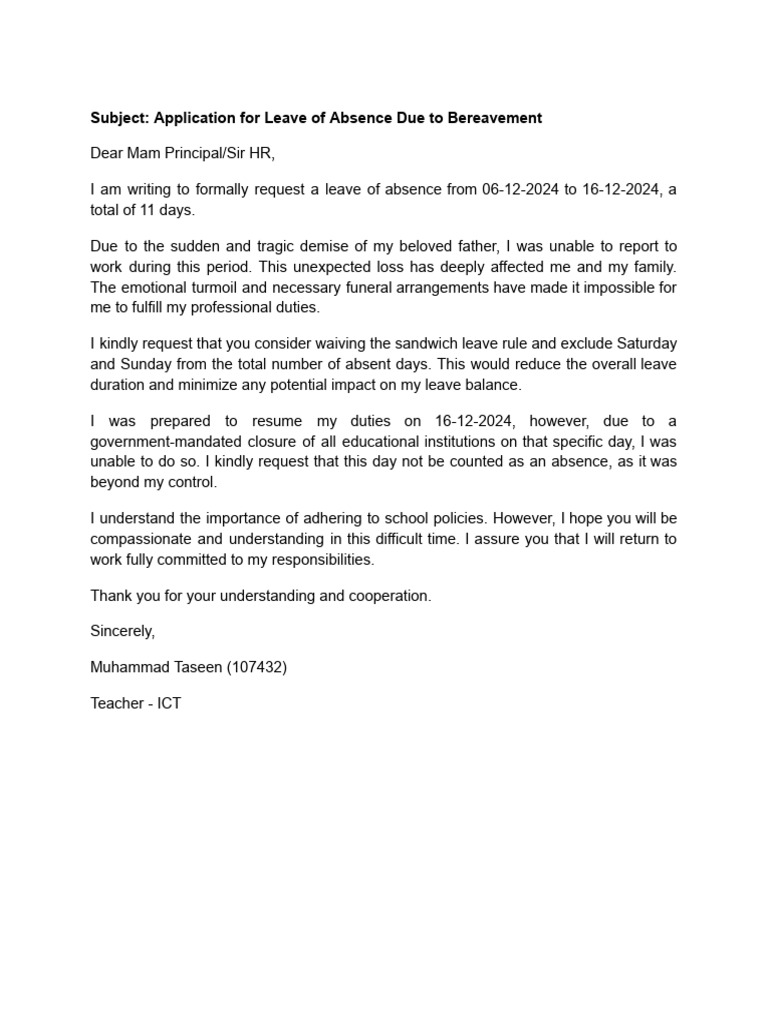 Subject_ Application for Leave of Absence Due to Bereavement | PDF