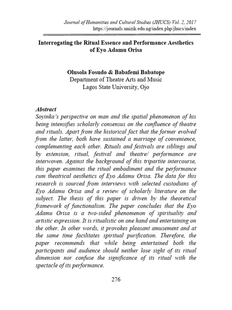 Interrogating The Ritual Essence and Performance Aesthetics of Eyo Adamu Orisa | PDF | Rituals