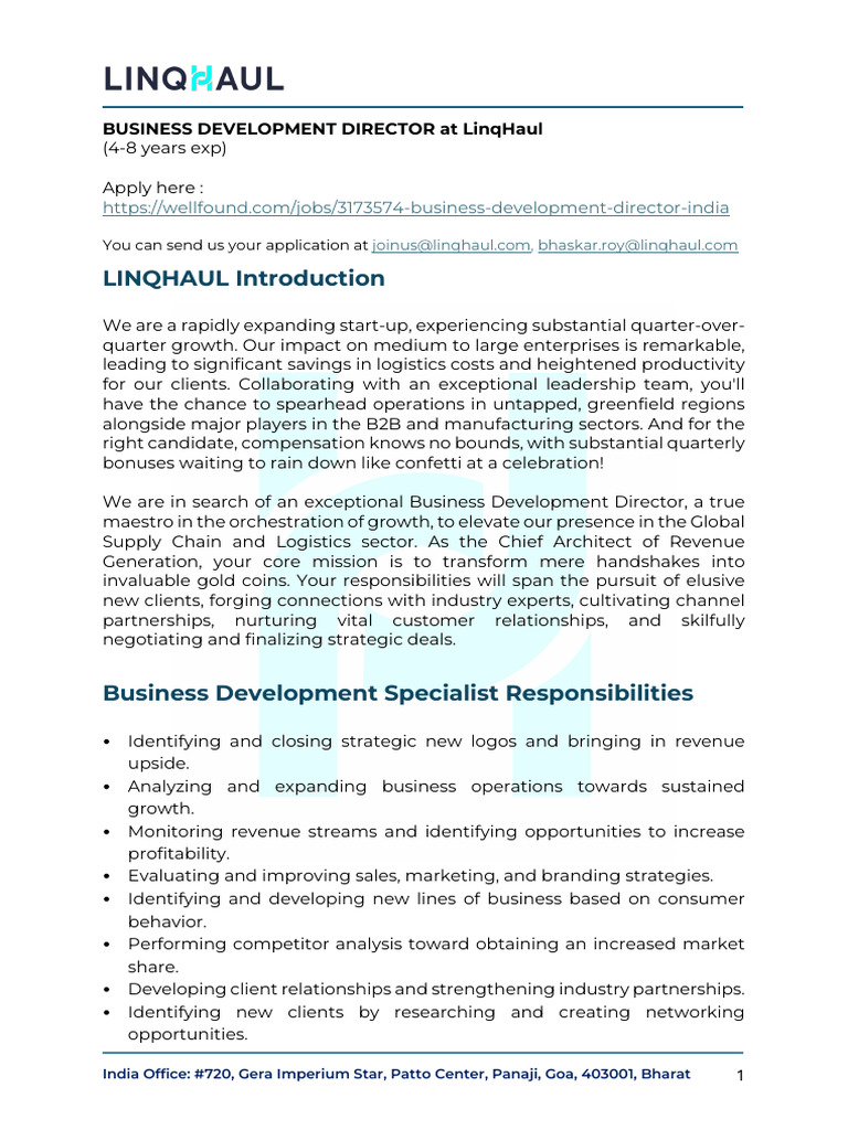 DIRECTOR - BUSINESS DEVELOPMENT at LinqHaul | PDF | Marketing | Business