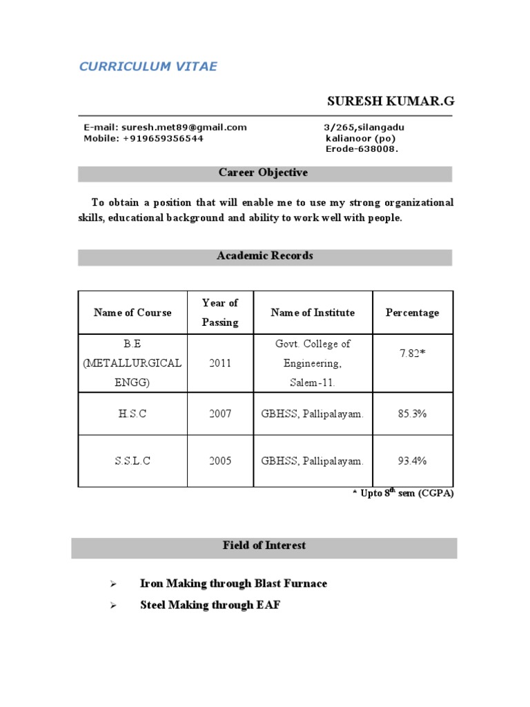 Curriculum Vitae: Suresh Kumar.G | PDF