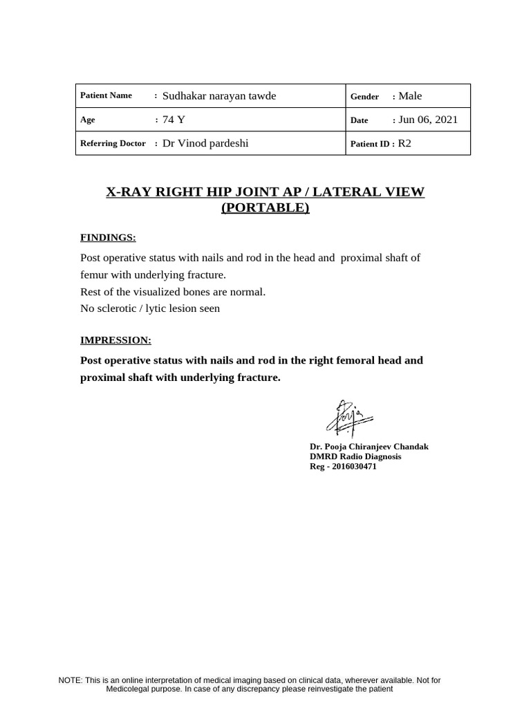 Right Hip X-Ray Report Summary | PDF