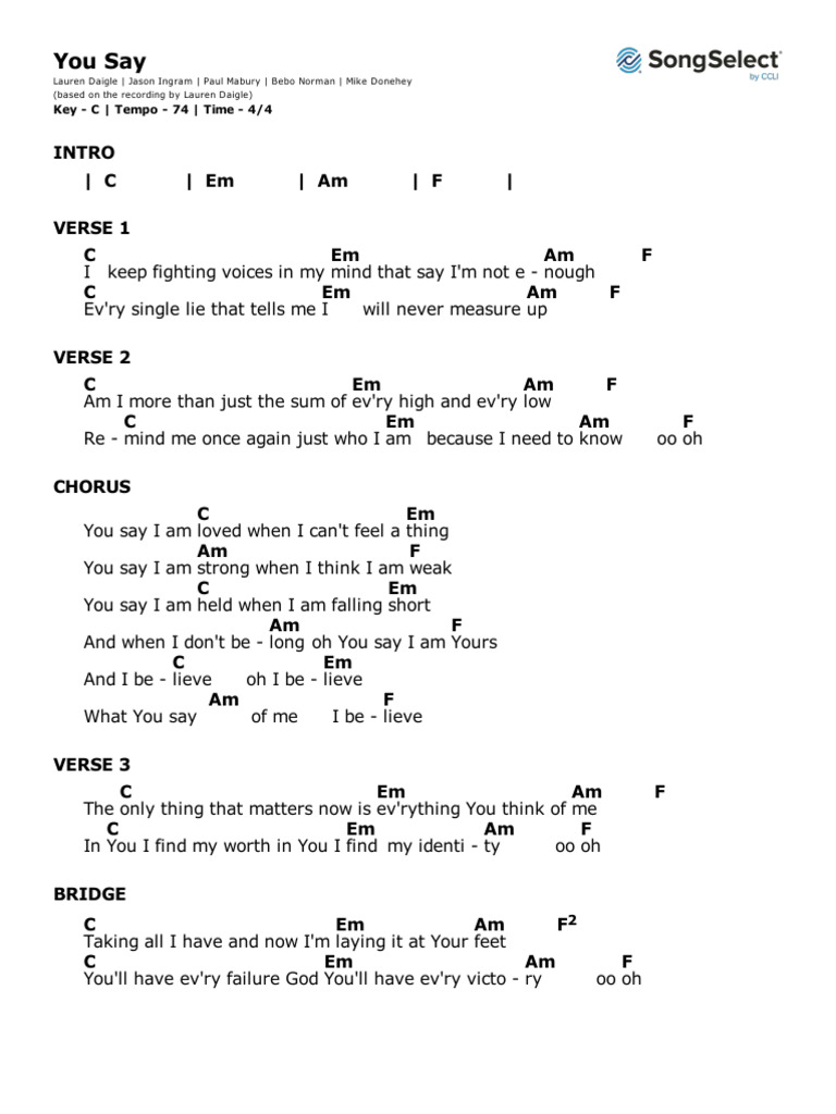 You Say - SongSelect Chart in C | PDF | American Pop Songs ...