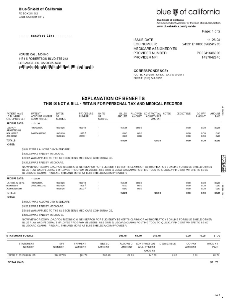 BLUE SHIELD CA EOB PAYMENT 11-26-24 $61.70 CHECK 29400705 | PDF ...