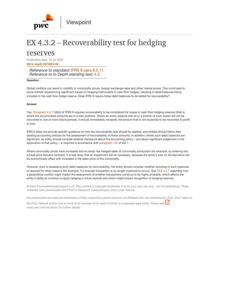 EX 4.3.2 – Recoverability test for hedging reserves | PDF | Hedge ...