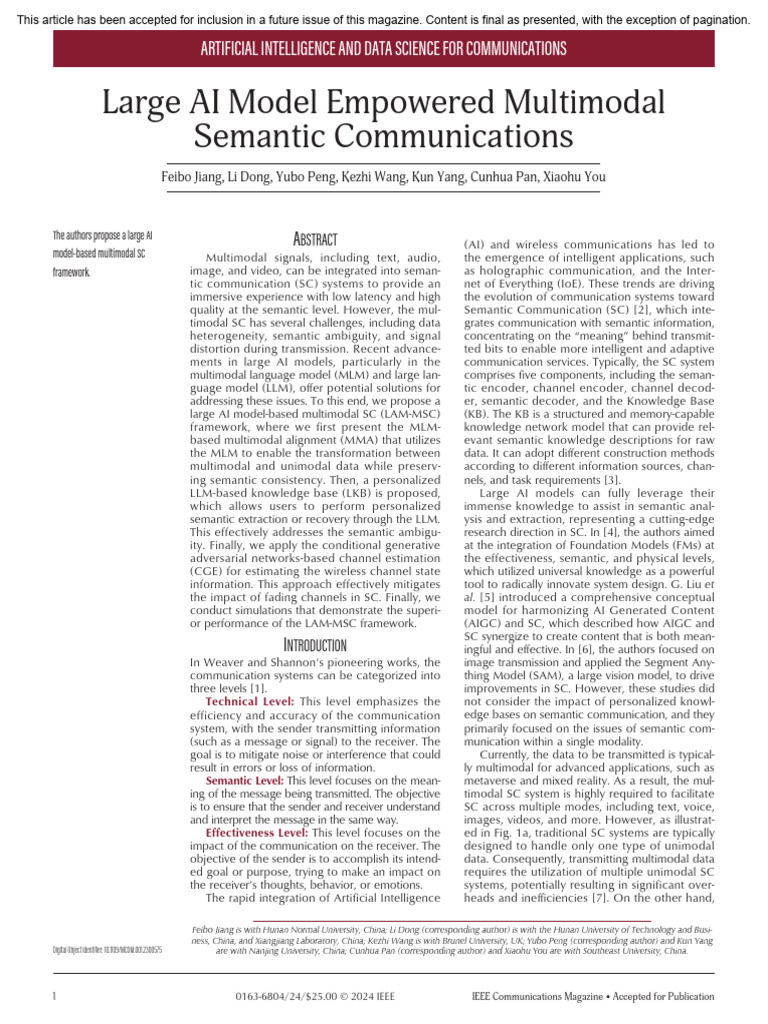 Large AI Model Empowered Multimodal Semantic Communications | PDF | Data Compression | Information