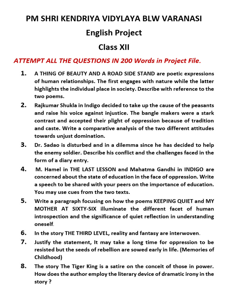 CBSE Class 12 English Project 2025 | PDF