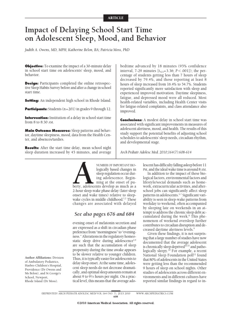 Owens Belon Moss Impact of Delaying School Start Time On Adolescent ...