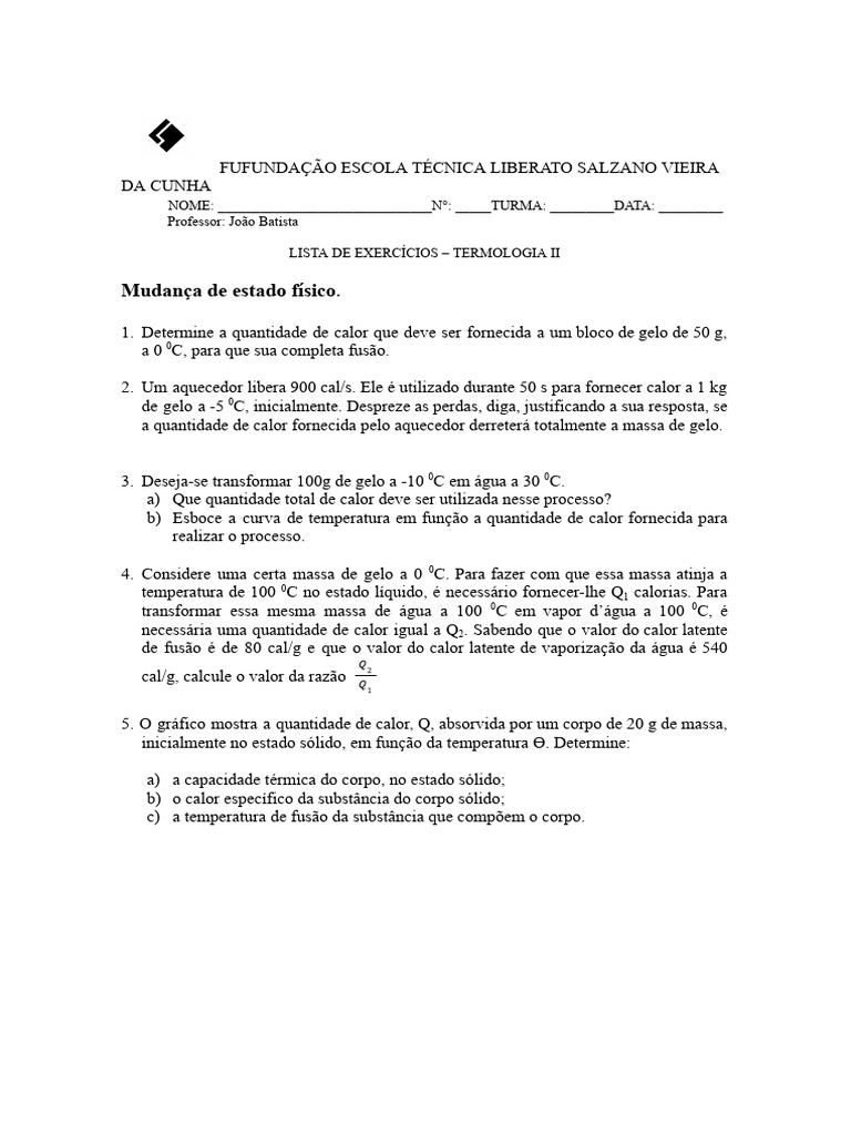 Lista de exerc-cios - Termologia 2.docx | PDF | Calor | Pressão
