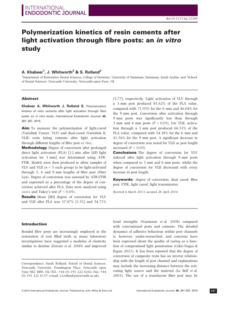 Polymerization Kinetics of Resin Cements After Light Activation Through Fibre Posts | PDF ...