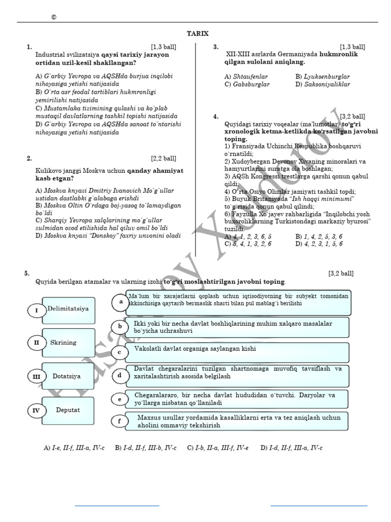 Tarix Milliy Sertifikat Test - Husanboy Xoldorov | PDF