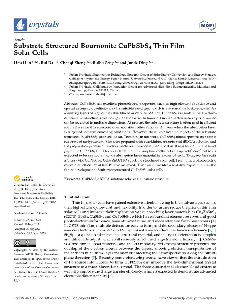 Substrate Structured Bournonite CuPbSbS3 Thin Film | PDF | Solar Cell ...