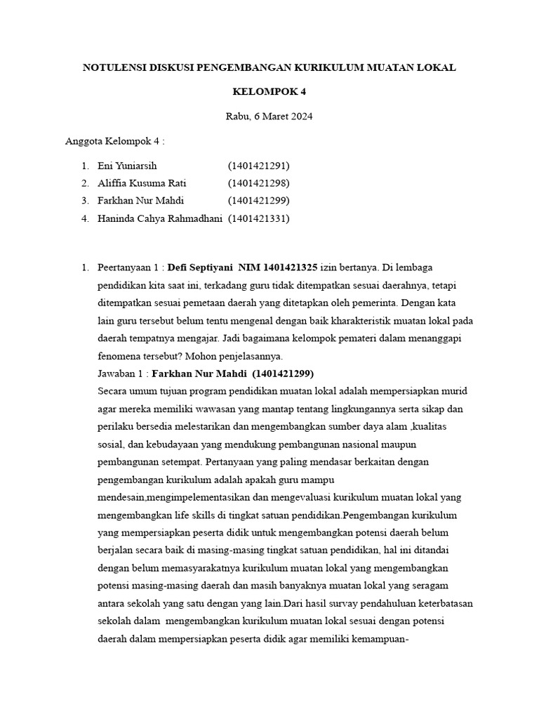 Kelompok 4 - Notulensi Diskusi Pengembangan Kurikulum Muatan Lokal | PDF