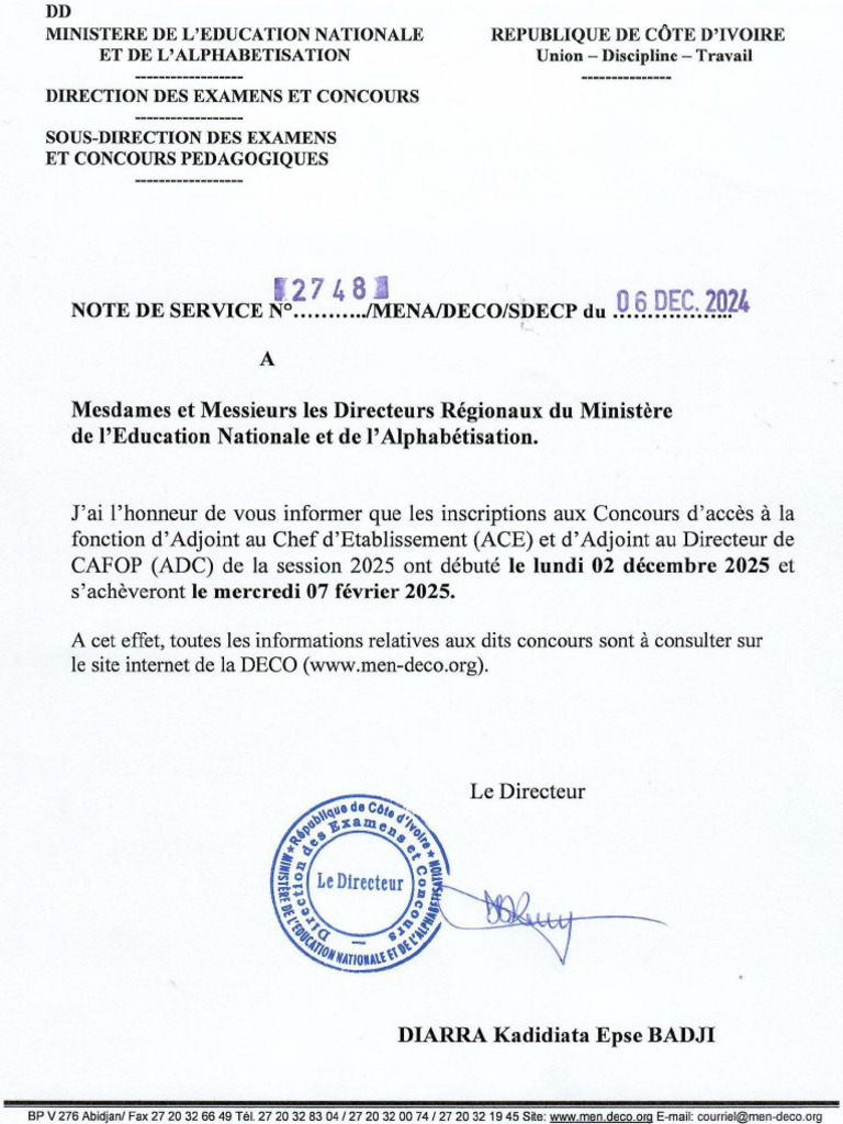 2748 Sdecp Drena Note de Sce Concours Ace Adc 2025 | PDF