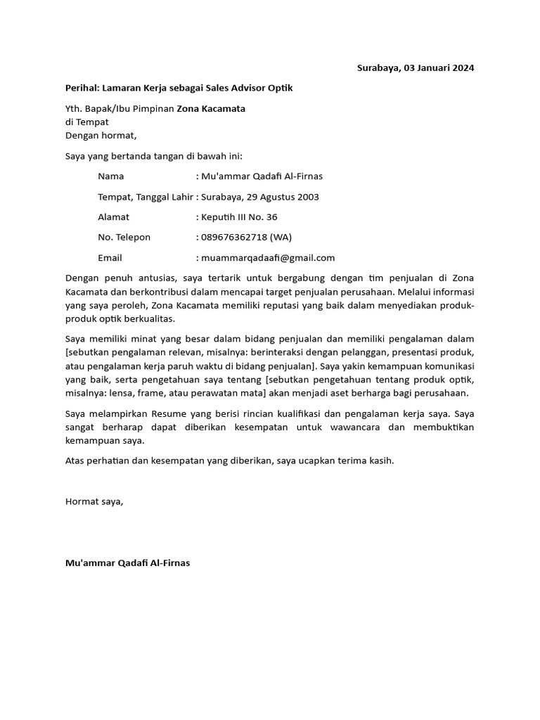 Surat Lamaran Kerja (Sales Advisor Optik) | PDF