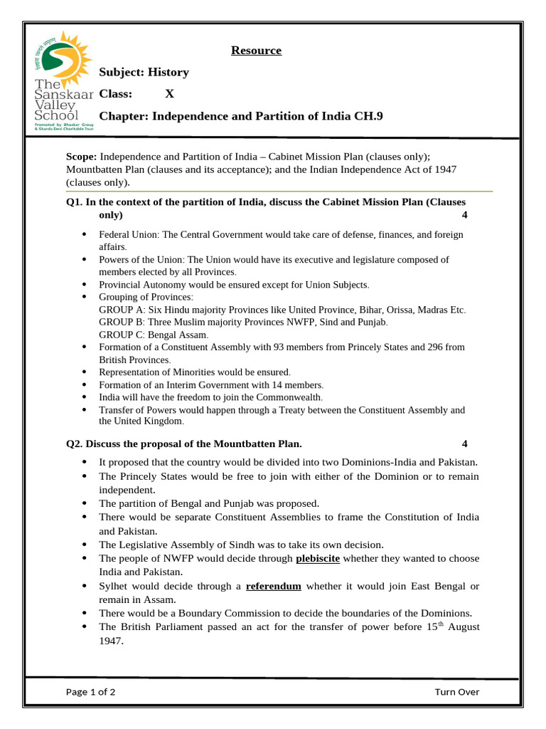 CW Independance and Partition of India 24-25 | PDF | Partition Of India ...