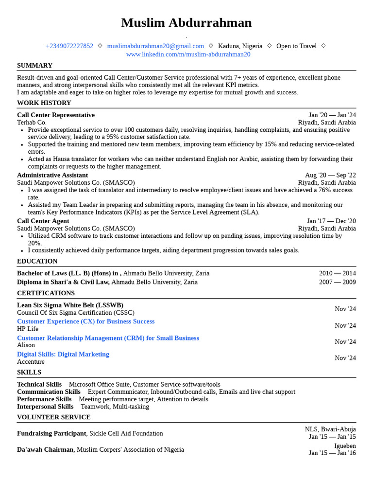 Resume Muslim Abdurrahman | PDF | Call Centre | Customer Relationship ...