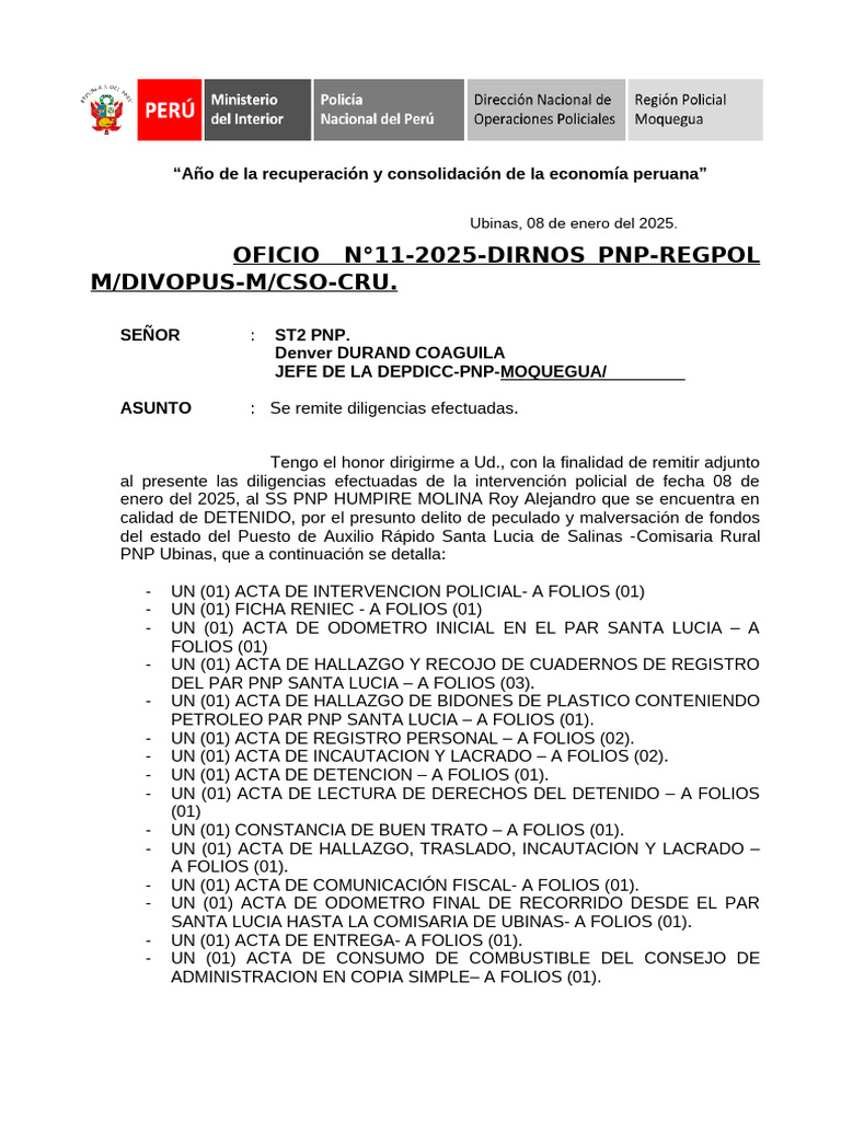 OFICIO PONE A DISPOSICION DE OMATE TNTE LLONTOP | PDF