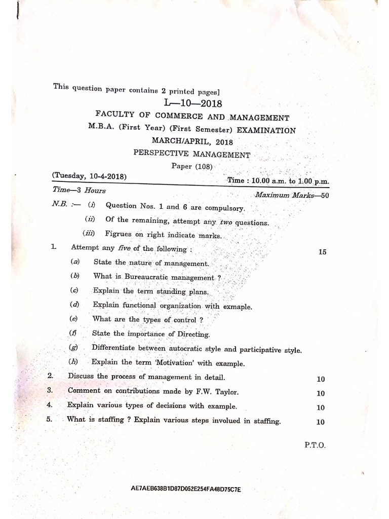 Perspectives of Management Que Papers | PDF