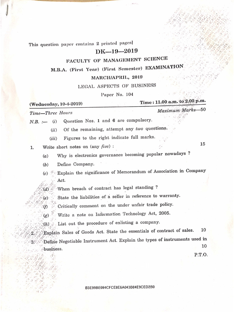 Legal Aspects of Business Que Papers | PDF