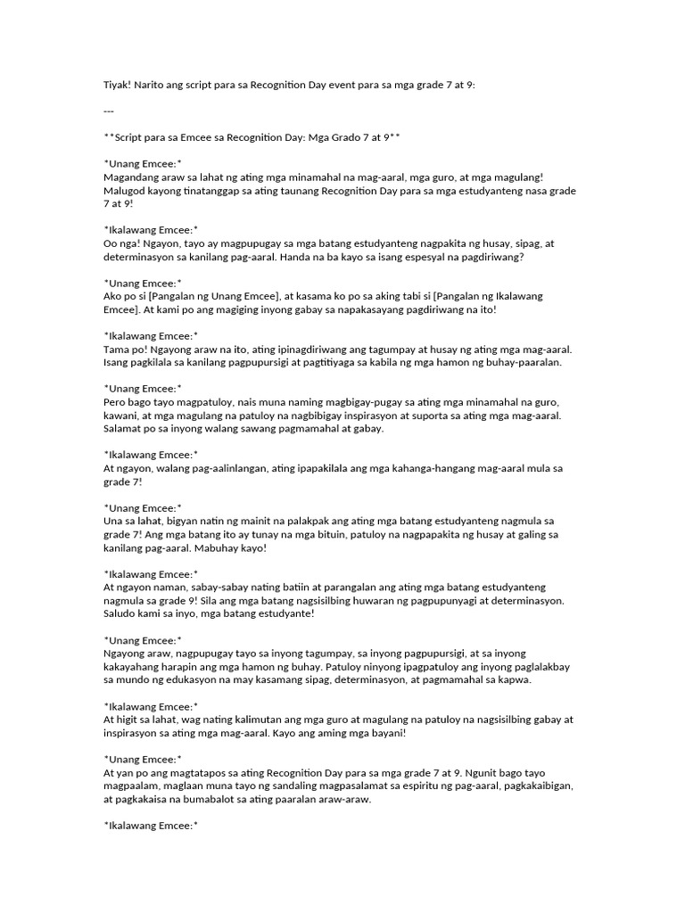 Emcee Script for Reconition Grade 7 92 Emcees Tagalog | PDF