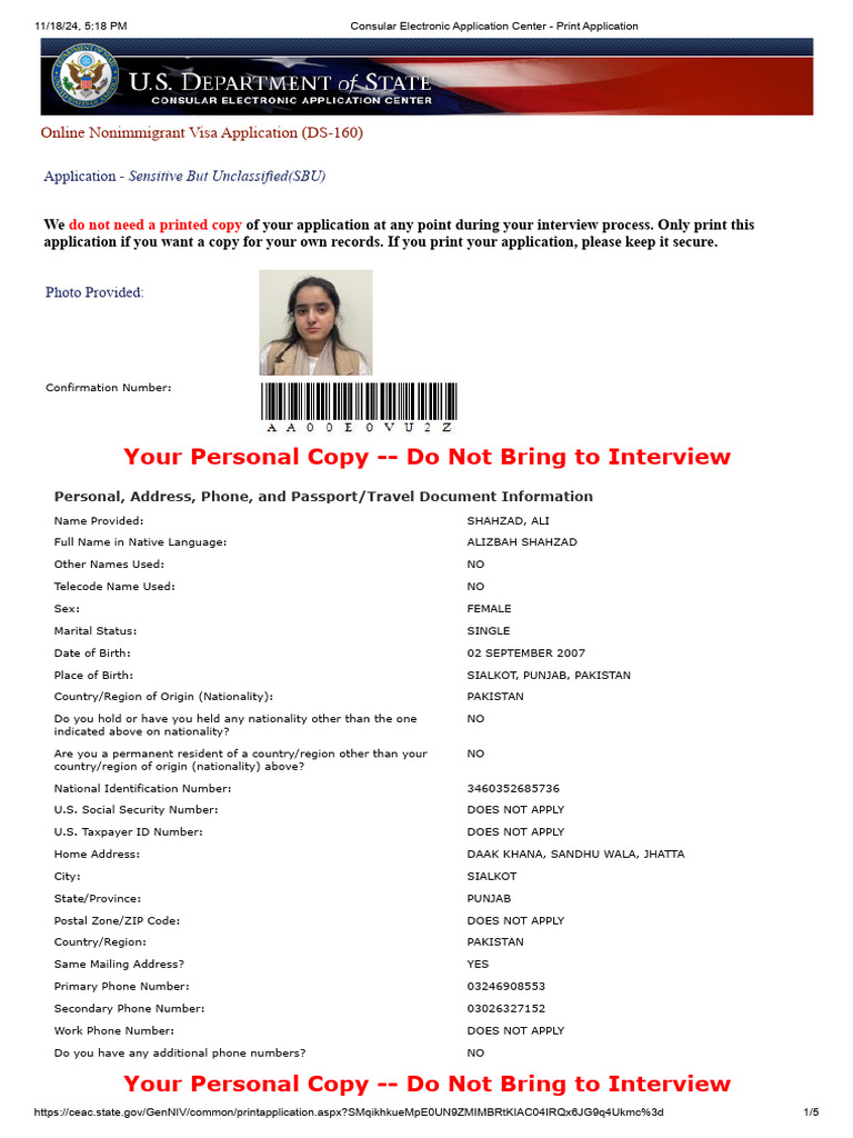Consular Electronic Application Center - Print Application | PDF ...