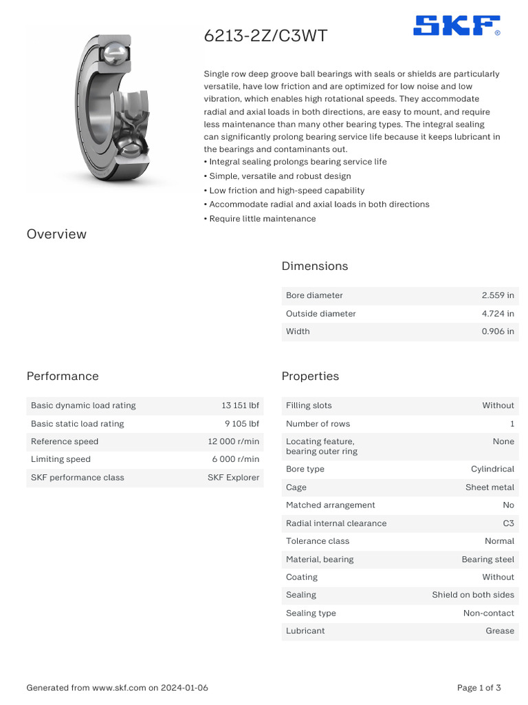 SKF 6213-2Z - C3WT Specification | PDF | License | Bearing (Mechanical)