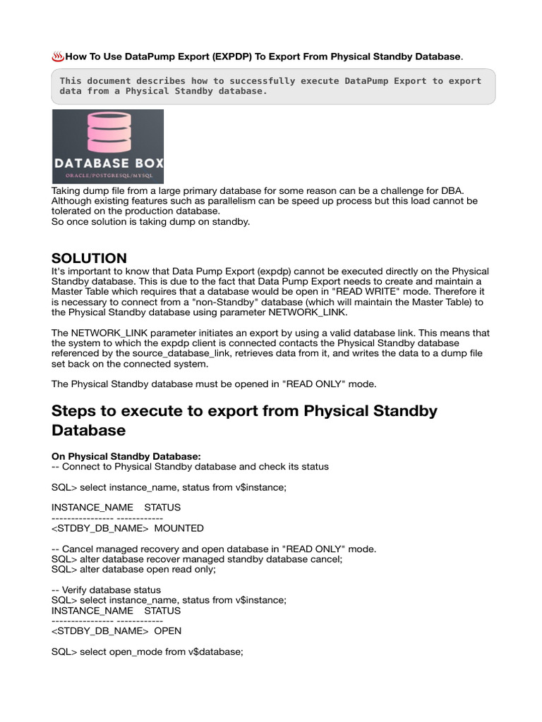 Using DataPump To Export From Physical Standbby | PDF | Databases | Information Technology ...