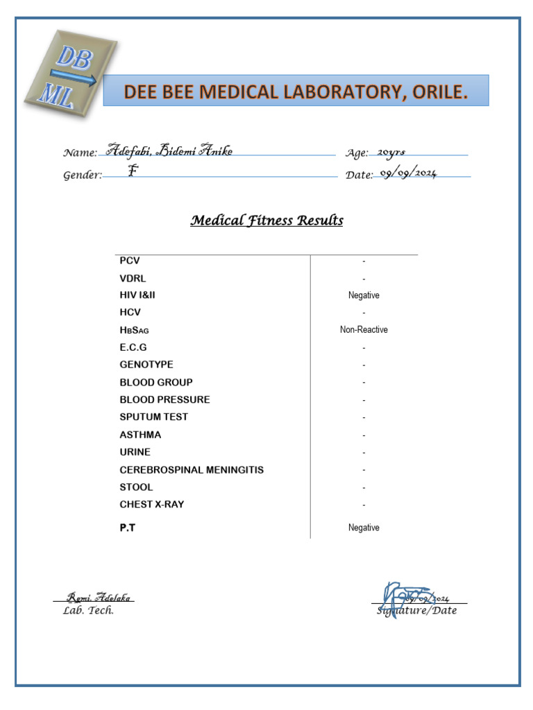 Medical Fitness Test Results Summary | PDF