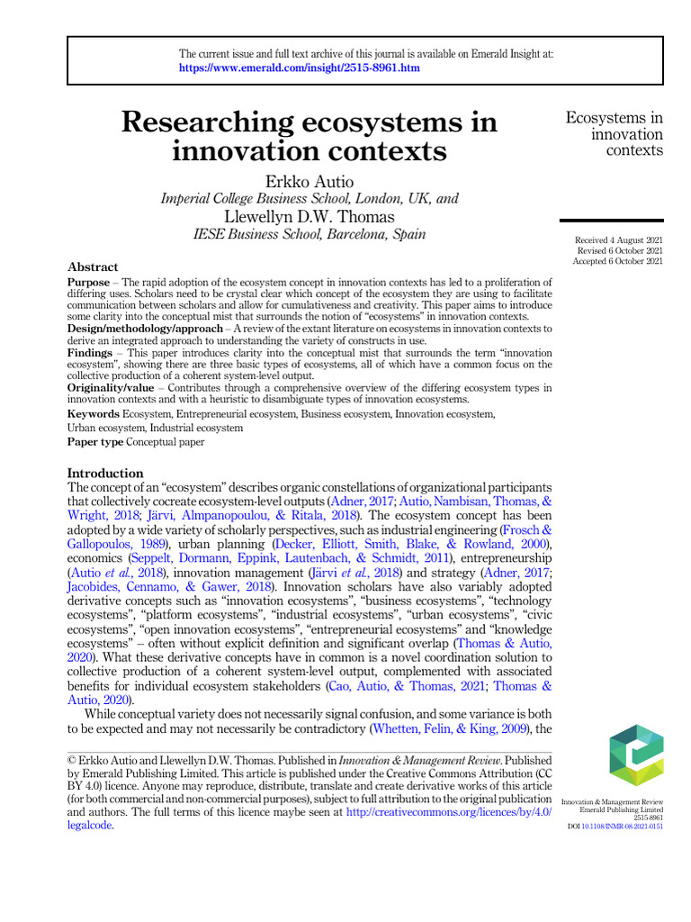 (2021) (Autio & Thomas) Researching Ecosystems in Innovation Contexts | PDF | Entrepreneurship ...
