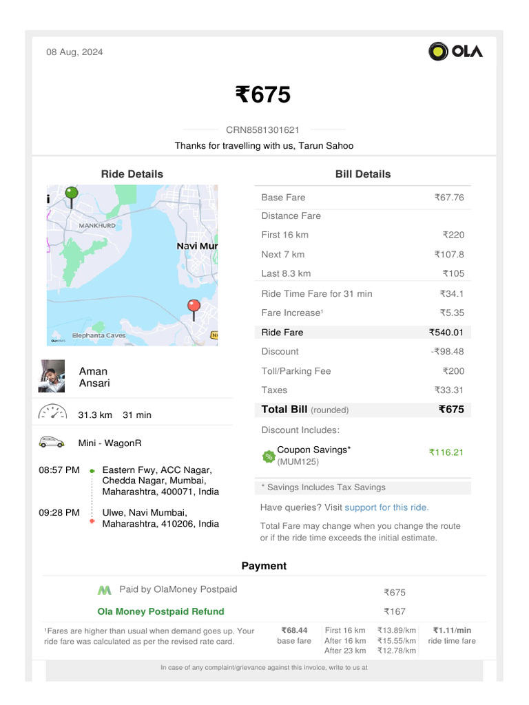Mumbai Ola Ride Invoice Summary | PDF | Invoice | Fare