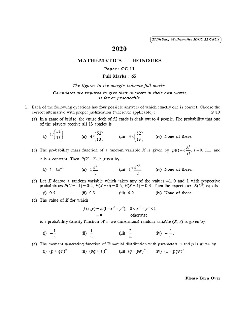 CU-2020 B.A. B.Sc. (Honours) Mathematics Semester-V Paper-CC-11 QP | PDF | Random Variable ...