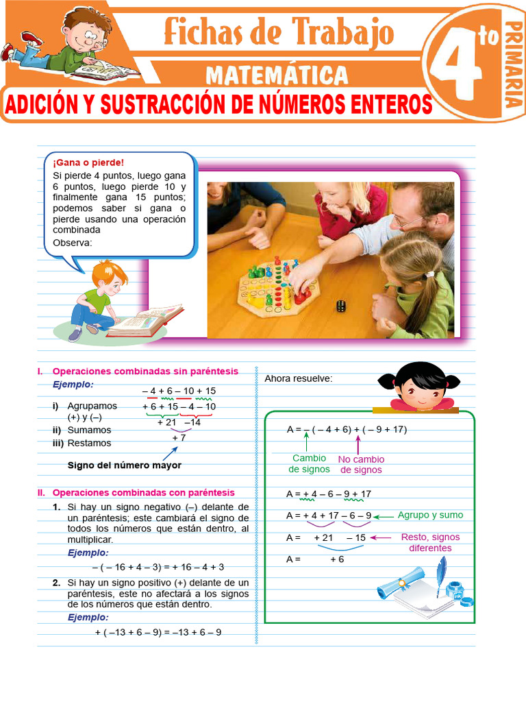 Adicion-y-sustraccion-de-numeros-enteros-para-Cuarto-Grado-de-Primaria | PDF | Sustracción ...