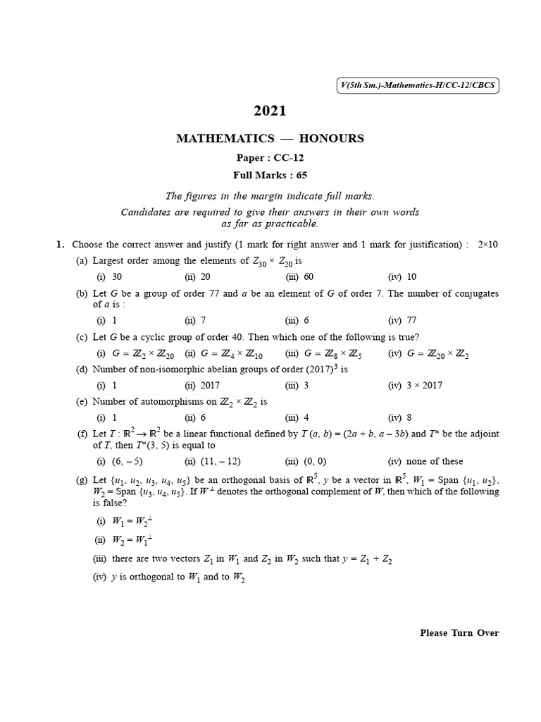 Mathematics Honours CC-12 Exam Paper | PDF | Group (Mathematics ...