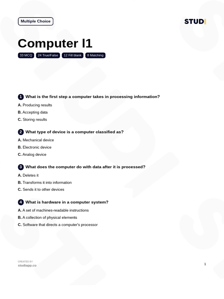 Computer Basics: MCQs and Exercises | PDF | Computer Data Storage | Computer Hardware