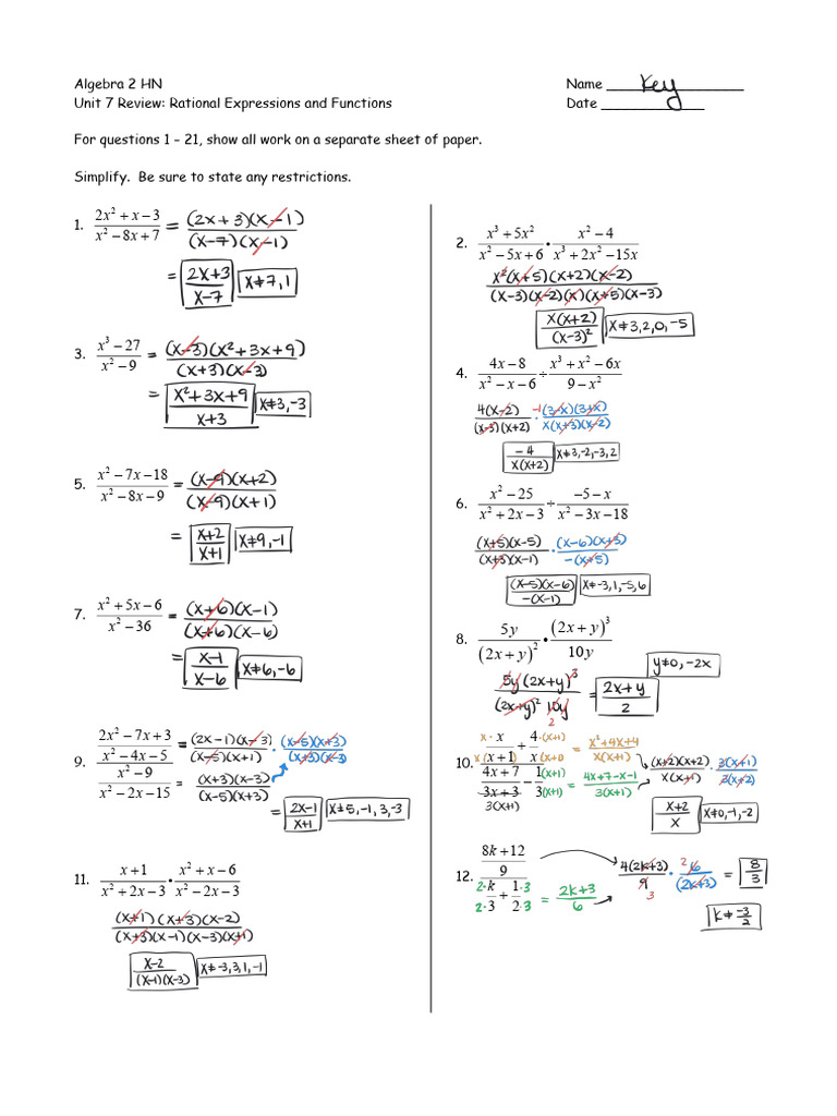 Unit 7 Review Rational Expressions KEY | PDF | Volt | Electrical ...