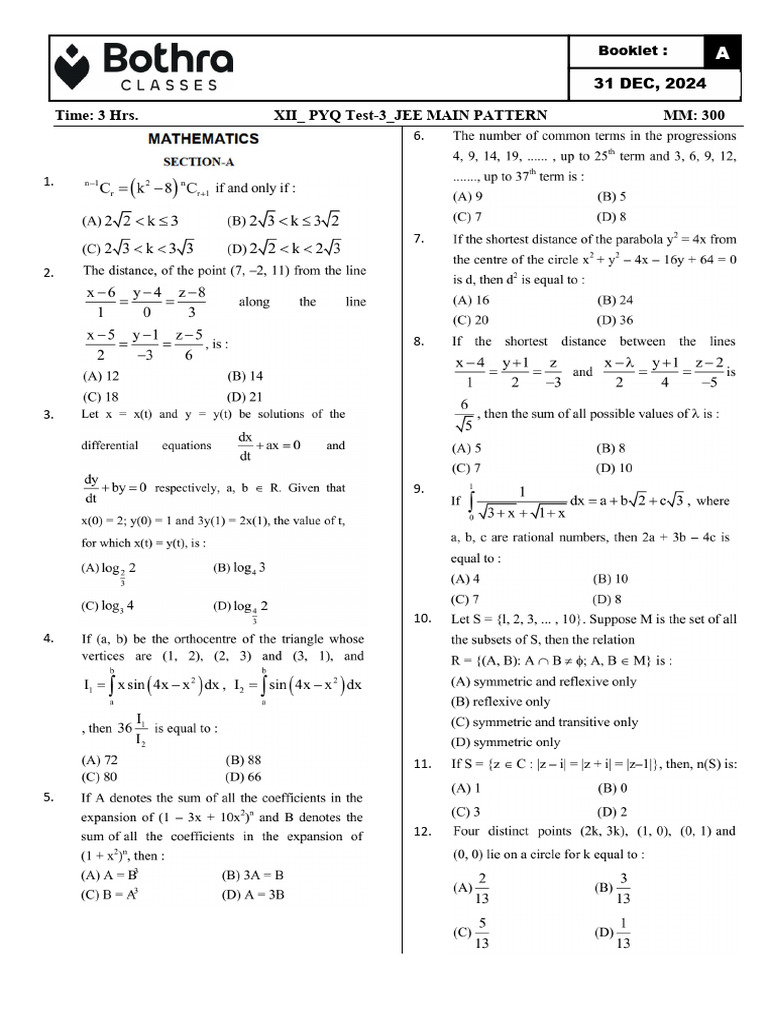 Xii Jee Main - Pyq-3 - 31.12.2024 | PDF