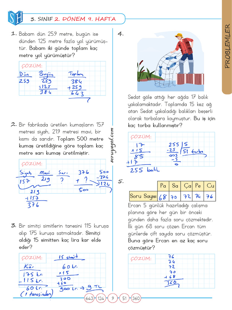 Sinif 2. Donem 9. Hafta Haftalik Problemler Cozumleri | PDF