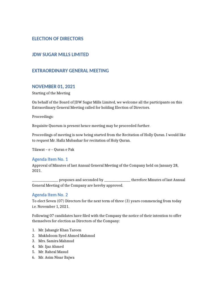 JDW Sugar Mills Director Election Summary | PDF