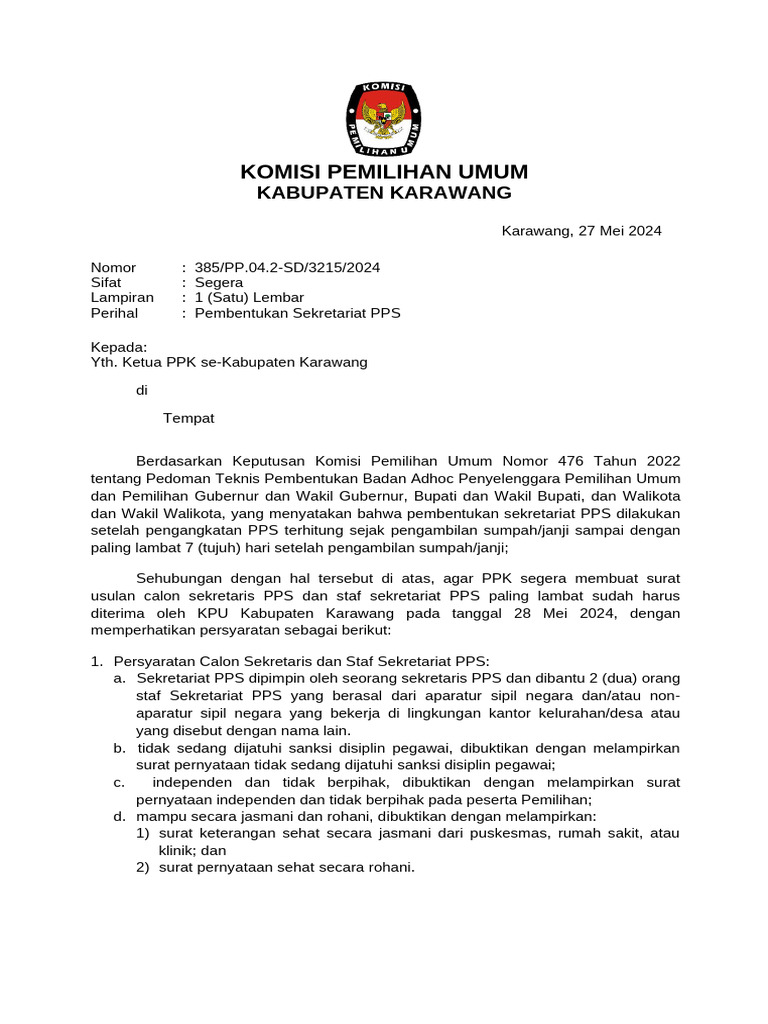 SURAT 385 THN 2024_PERMINTAAN USULAN SEKRETARIAT PPS PILKADA 2024 - PPK ...
