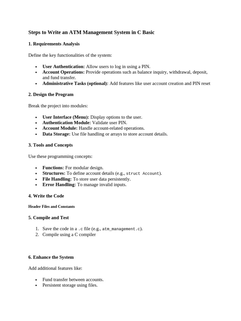 Steps To Write An ATM Management System in C Basic | PDF