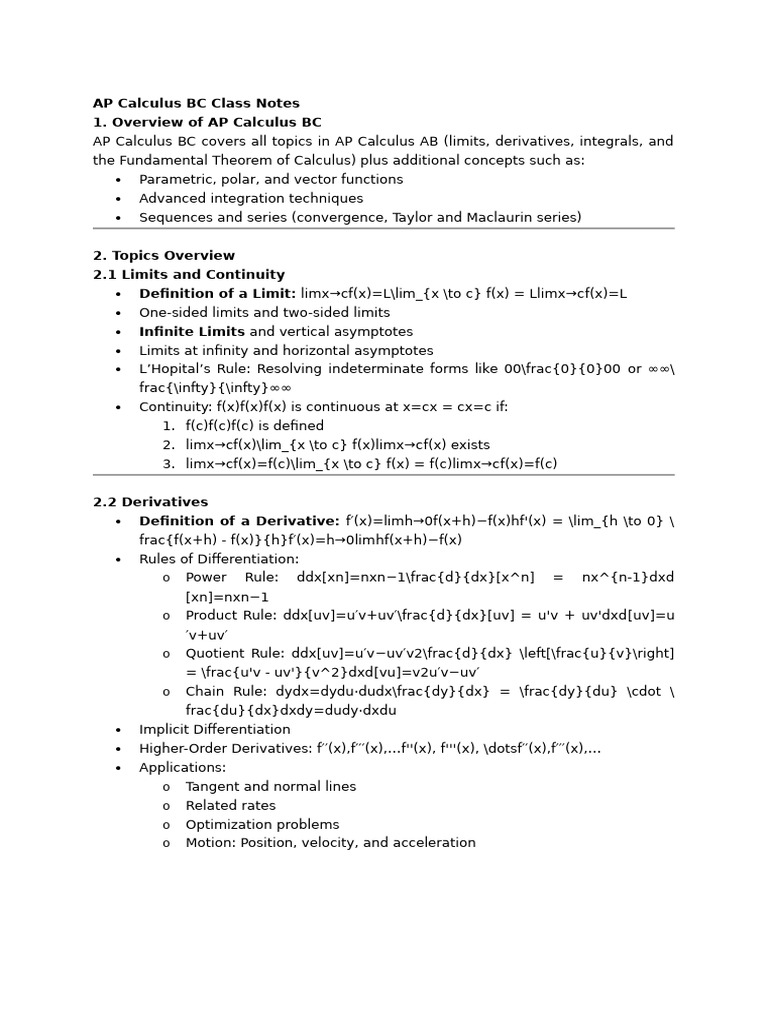 AP Calculus BC Formula Sheet 2025 | PDF