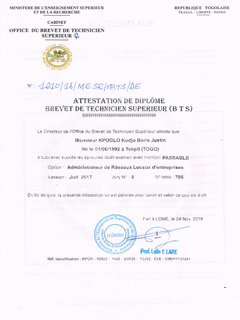 Attestation de Diplôme BTS | PDF