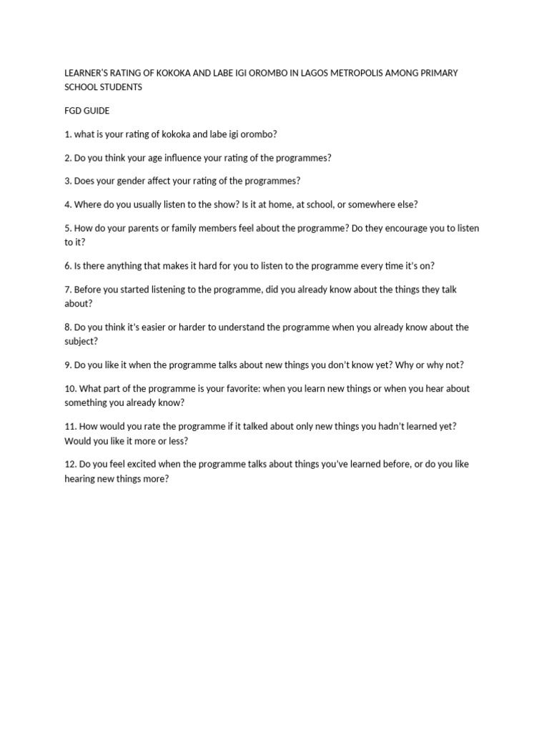 LEKAN'S FGD QUESTIONS For Research Project | PDF