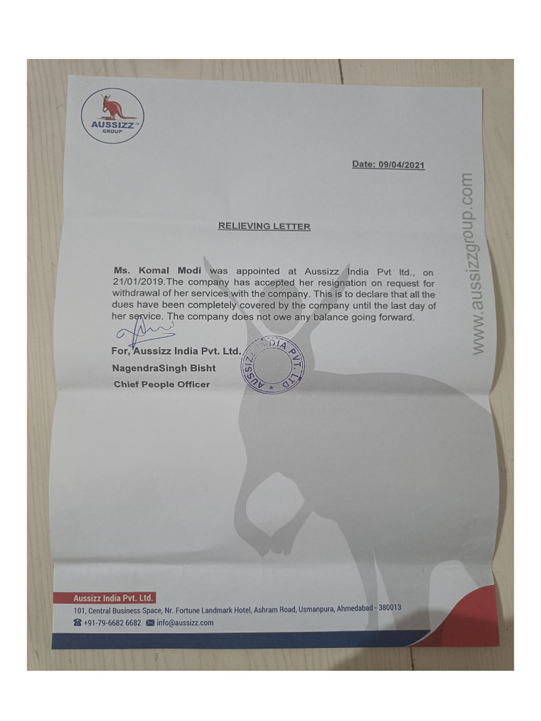 Relieving letter - Ausizz Group | PDF