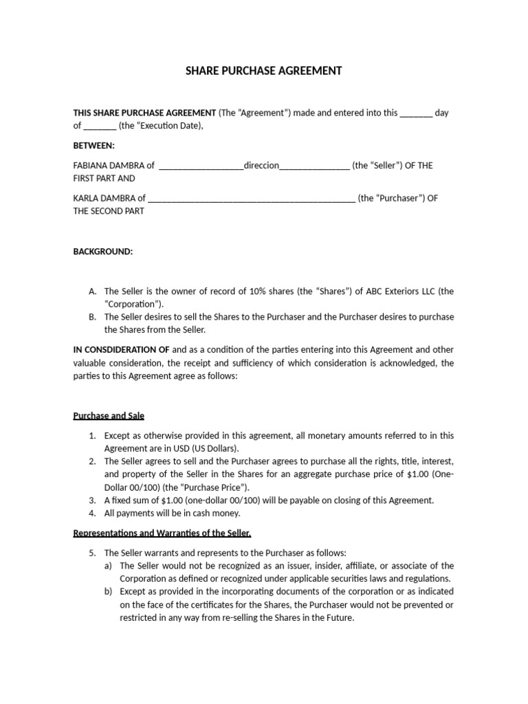 Share Purchase Agreement | PDF | Securities (Finance) | Security Interest