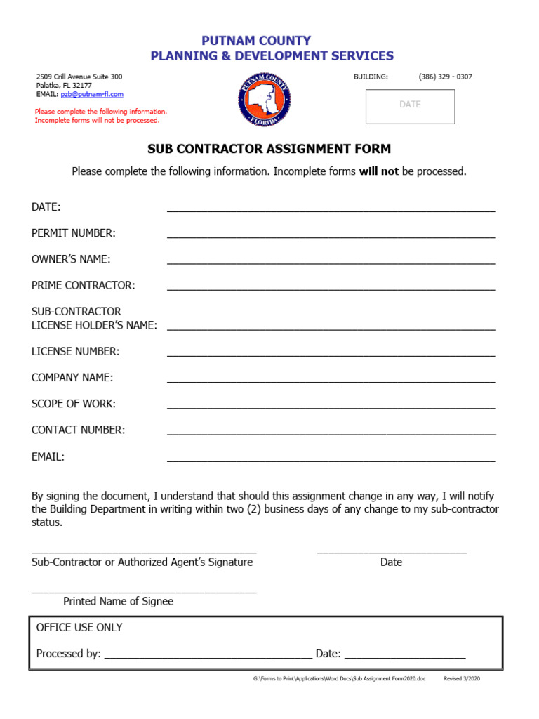 Sub Contractor Assignment Form | PDF