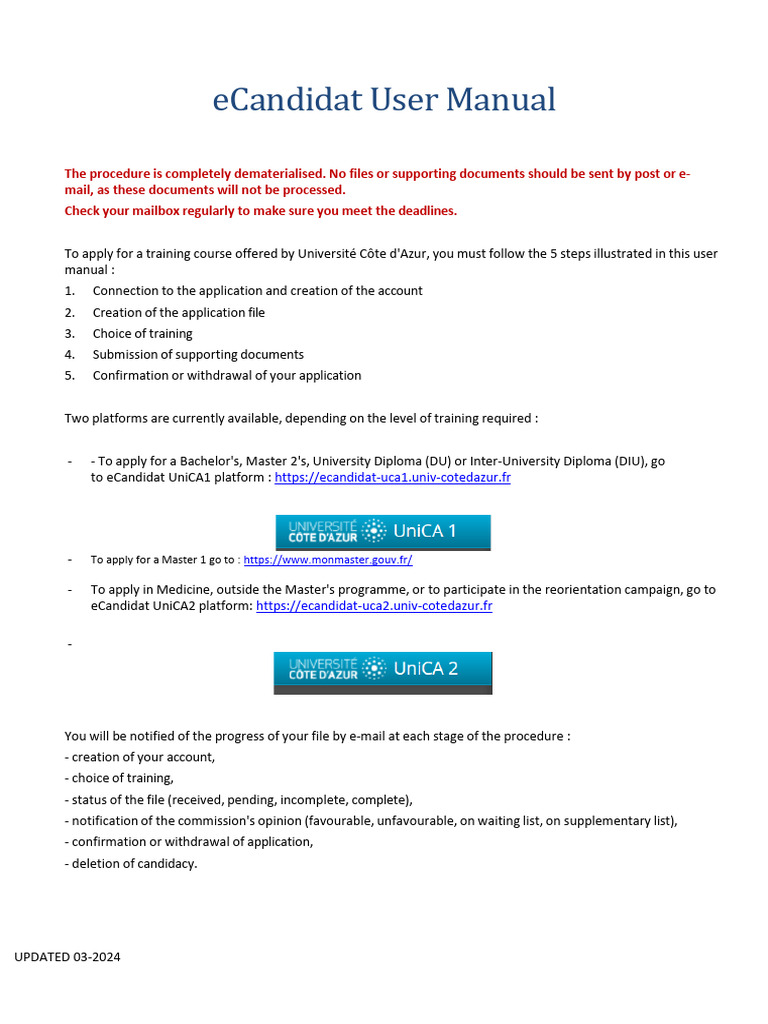 Ecandidat UniCA User Manual - English Version MAJ 03-2024 | PDF | Bachelor's Degree | Software